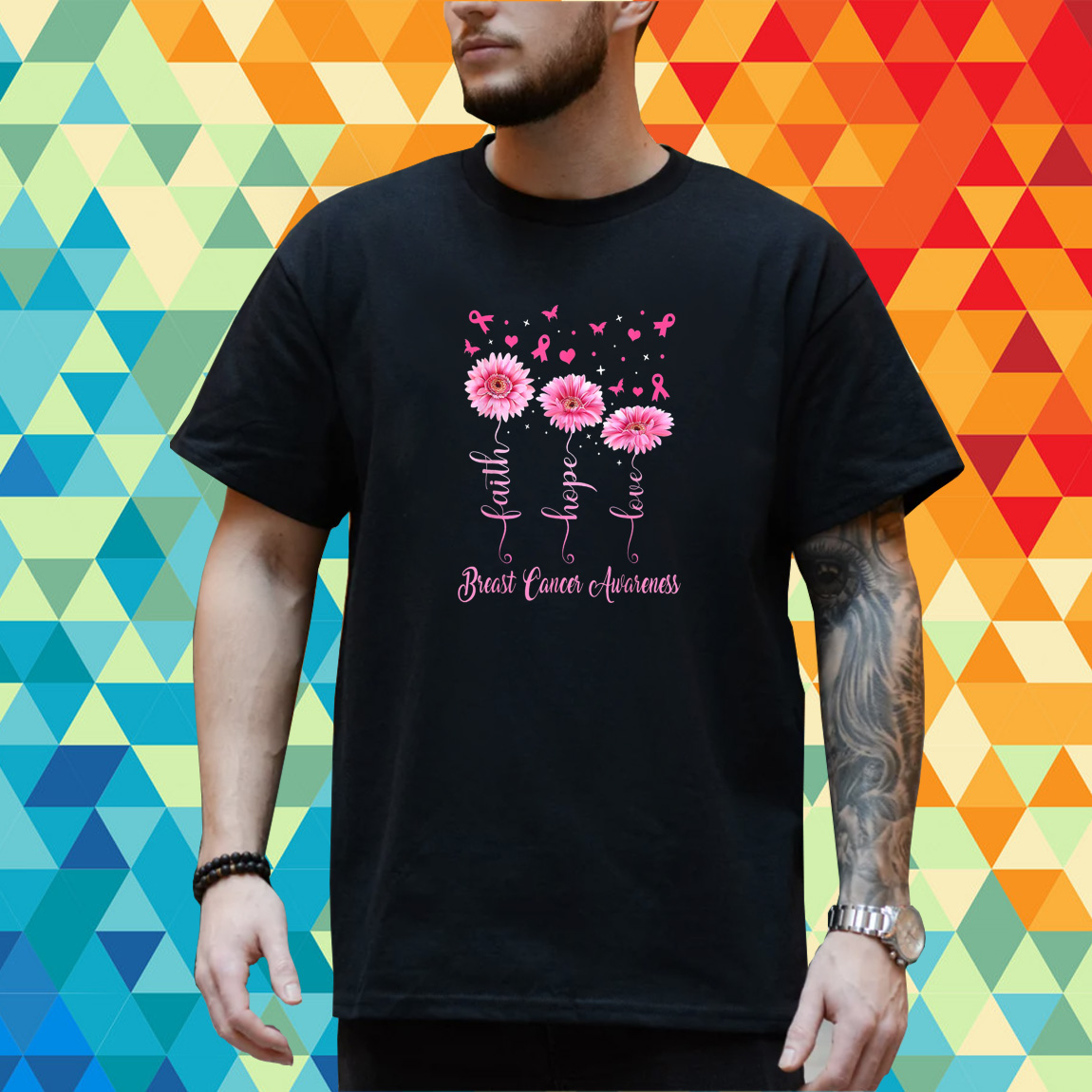 Faith Hope Love Daisy Pink Ribbon Breast Cancer Awareness T-Shirt