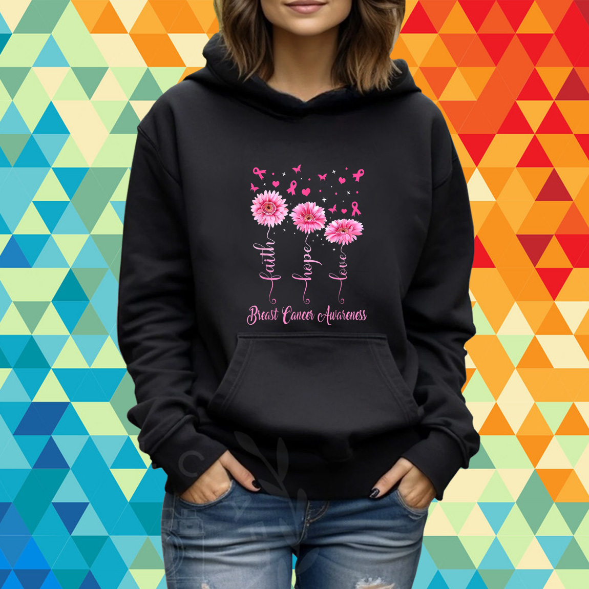Faith Hope Love Daisy Pink Ribbon Breast Cancer Awareness T-Shirt